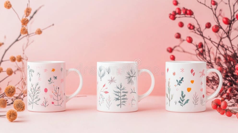 Three Floral Mugs on Pink Background Stock Illustration - Illustration ...