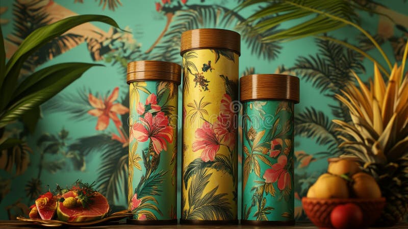 Three Flower-patterned Containers Placed in a Group Stock Image - Image ...