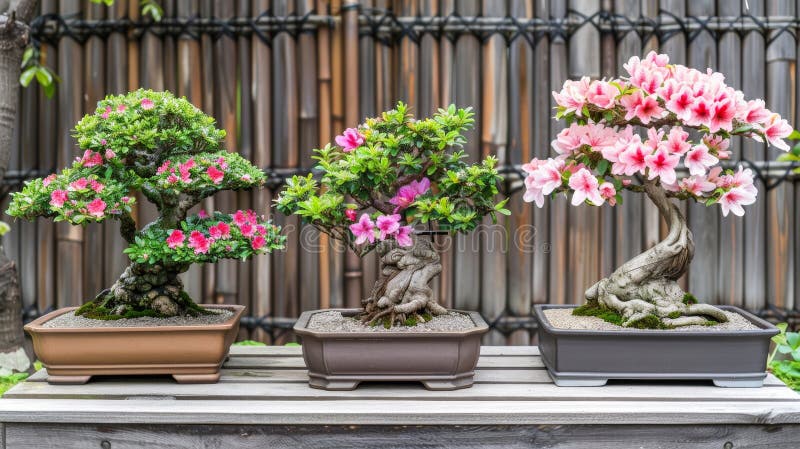 Three Flowering Bonsai Trees in Planters, Display of Miniature Trees on ...