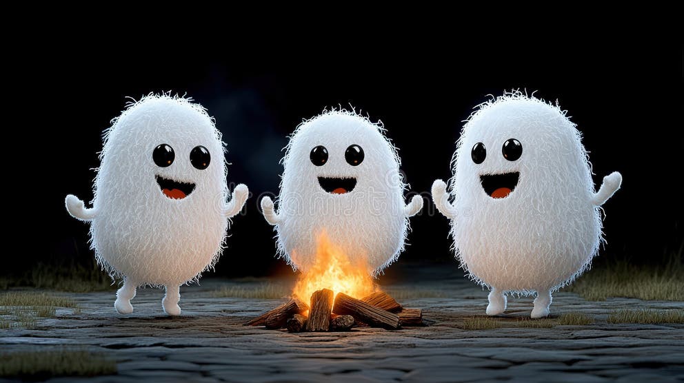 Three Fluffy Characters Enjoying a Campfire in a Dark Setting Stock ...