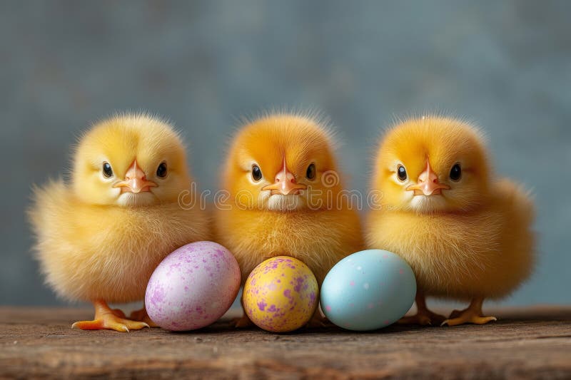 Three Fluffy Chicks with Colorful Easter Eggs Stock Illustration - Illustration of soft, trio ...