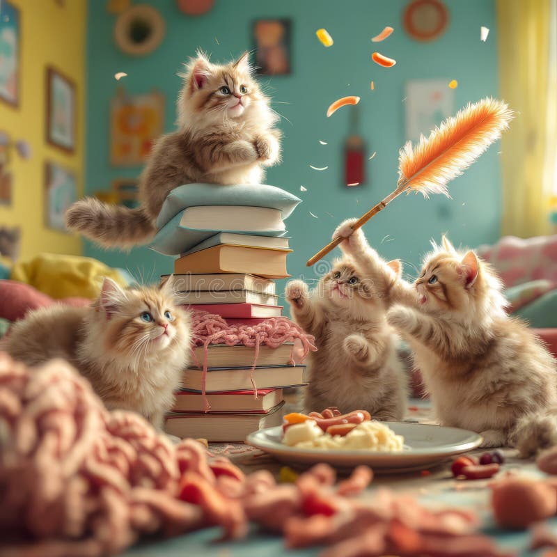 Kittens Playing with Feather Duster Around Books and Food Indoors Stock ...