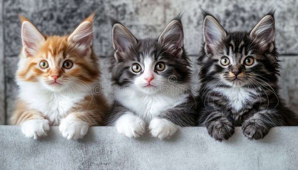 Three Fluffy Kittens, Orange, Calico, and Black, Posing on White ...