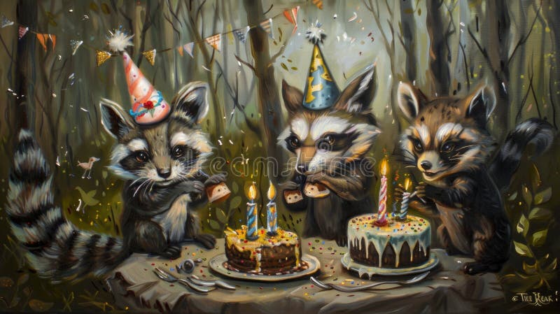 Three Fluffy Raccoons Celebrating a Birthday in the Forest Stock ...