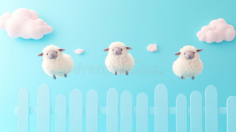 Three Fluffy Sheep Jumping Over a Light Blue Fence Under Pink Clouds ...