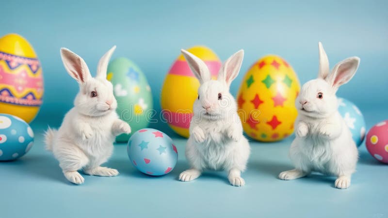 Three Fluffy White Bunnies Dancing Playfully among Colorful Easter Eggs ...