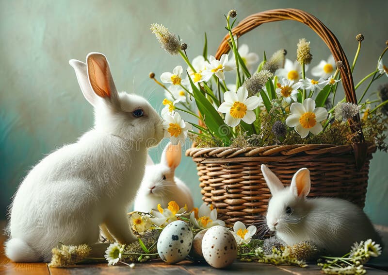 Three Fluffy White Bunnies beside a Wicker Basket Full of Daffodils and ...