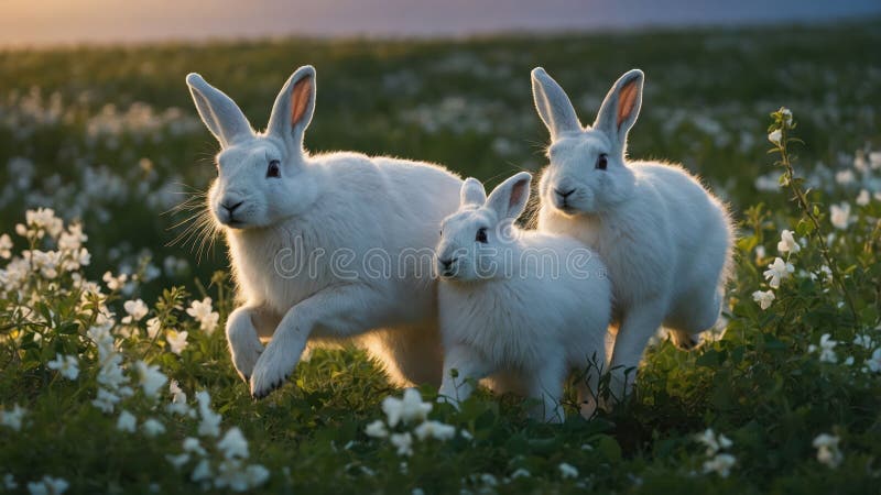 Three Fluffy White Rabbits Playfully Hopping through a Field of Flowers ...