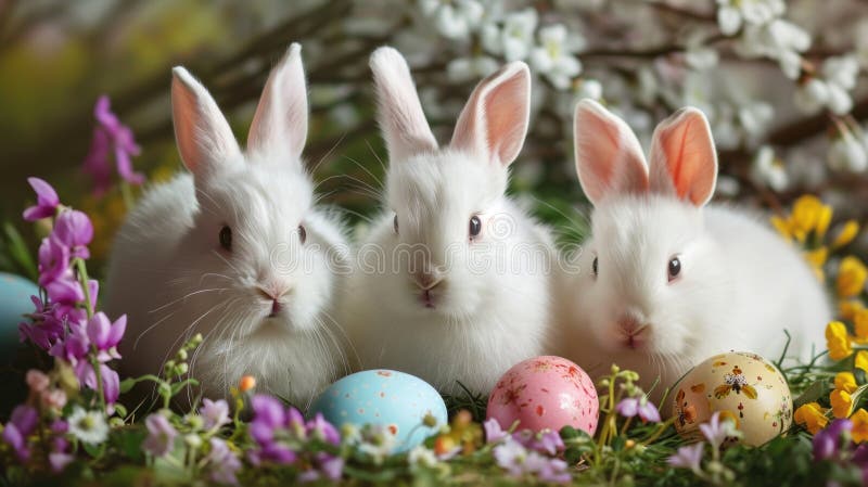 Three Fluffy White Rabbits are Sitting among Easter Eggs and Spring ...