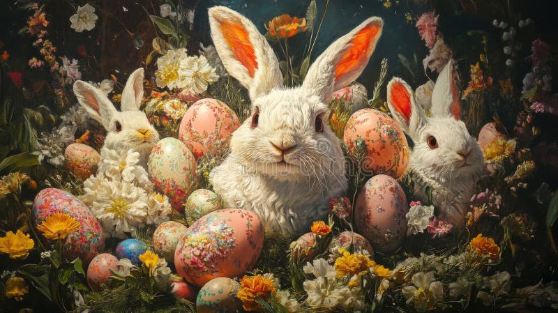 Three Fluffy White Rabbits Surrounded by Colorful Easter Eggs and ...