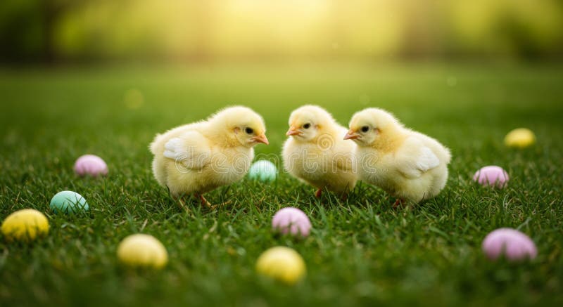 Three Fluffy Yellow Chicks Amidst Pastel Easter Eggs on Green Grass ...