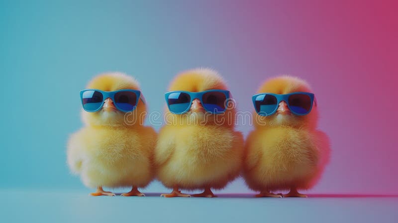 Three Fluffy Yellow Chicks, Looking Cool in Blue Sunglasses, Striking a ...