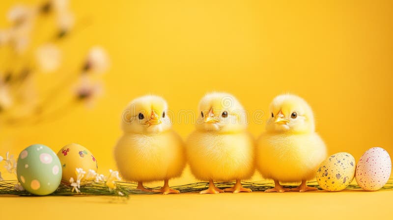 Three Fluffy Yellow Chicks Stand Together on a Vibrant Yellow ...