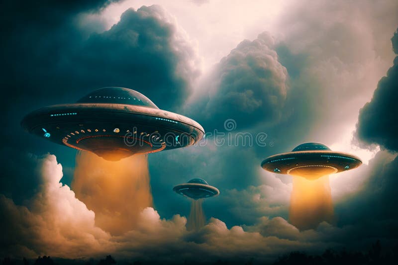 Three Flying Saucers in the Sky Under Cloudy Sky. Generative AI Stock ...