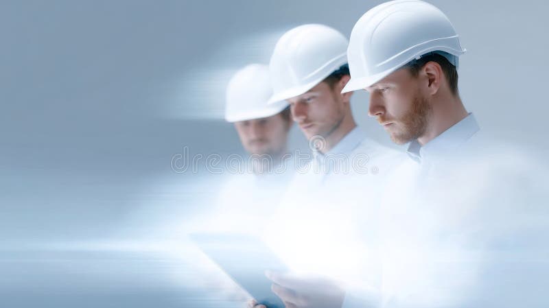 Three Focused Engineers in Hard Hats Examine Digital Data. they Work in ...