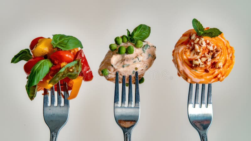 Three Forks Holding Assorted Appetizers on White Background Stock ...