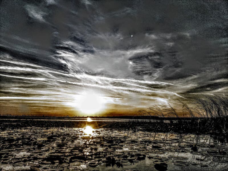 Three Forks Marsh Quarantine Sunset Stock Image - Image of reflection ...