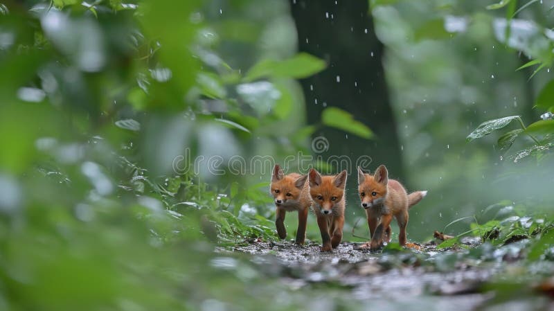 Three Fox Cubs Walking in the Rain through a Forest, AI Stock Image ...