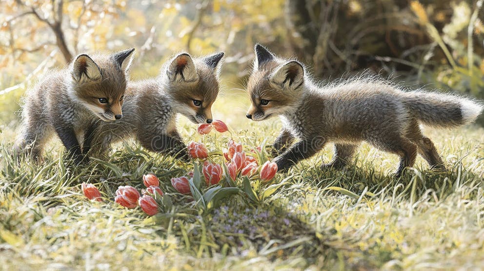 Three Fox Kits Exploring Spring Tulips in a Sunlit Forest, Nature Card Stock Image - Image of ...