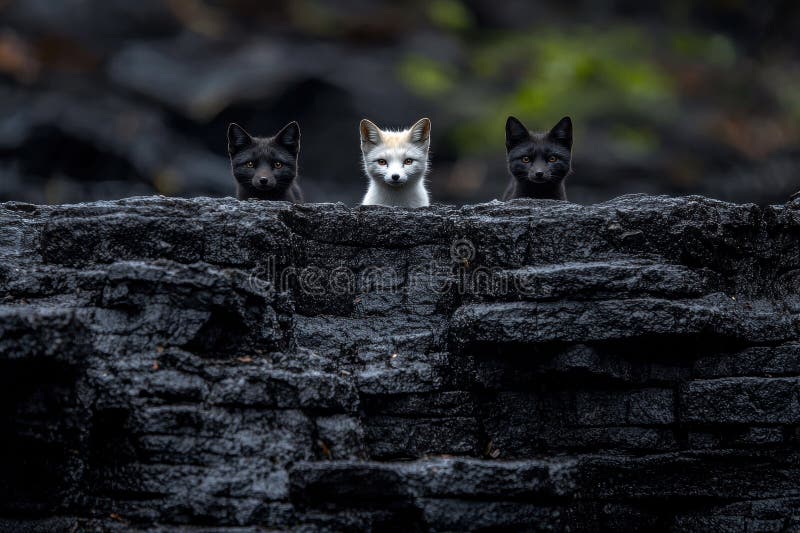 Three Fox Kits Peering Over a Rocky Ledge. Stock Illustration ...