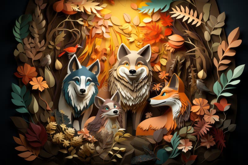 Three Foxes in the Forest with Autumn Leaves Stock Illustration ...