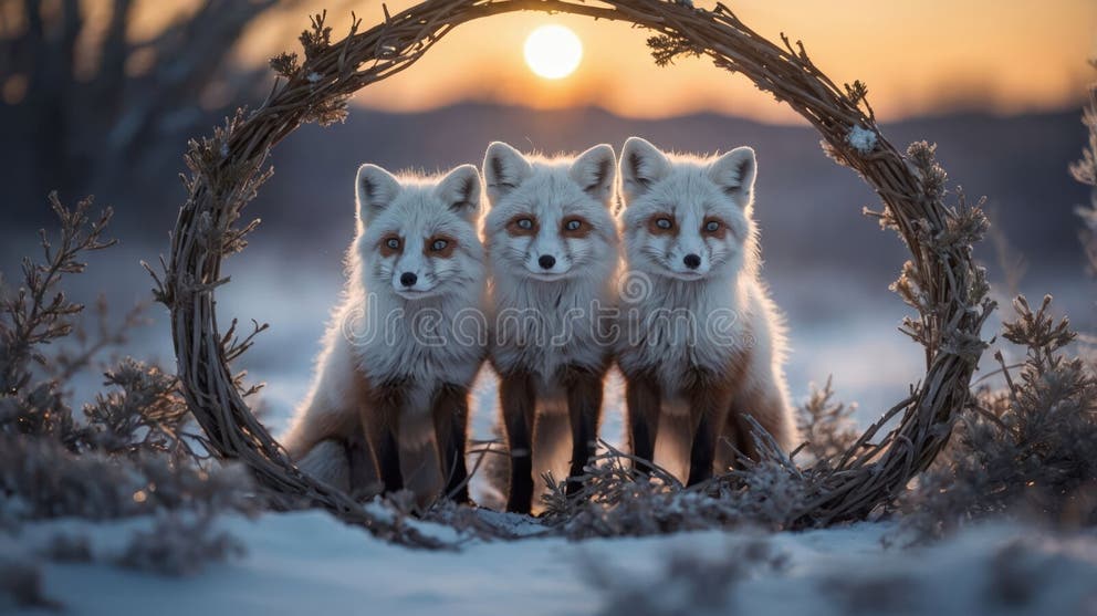 Three Arctic Foxes at Sunset, Majestic Winter Wildlife Stock ...