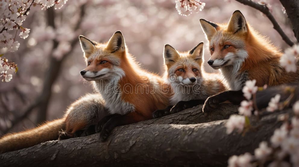 Three Red Foxes Resting on a Branch with Cherry Blossoms in Spring ...