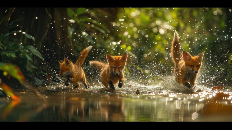 Three Foxes Running through a Stream of Water in the Forest, AI Stock ...