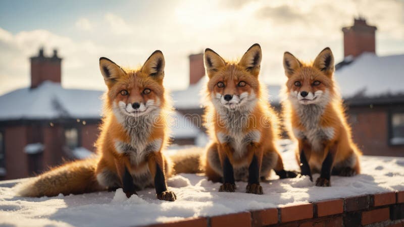 Three Red Foxes Sitting on a Snowy Wall in Winter Sunlight Stock ...
