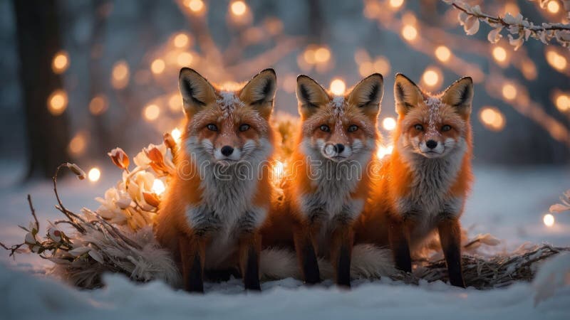 Three Red Foxes in Snowy Winter Wonderland with Fairy Lights Stock ...