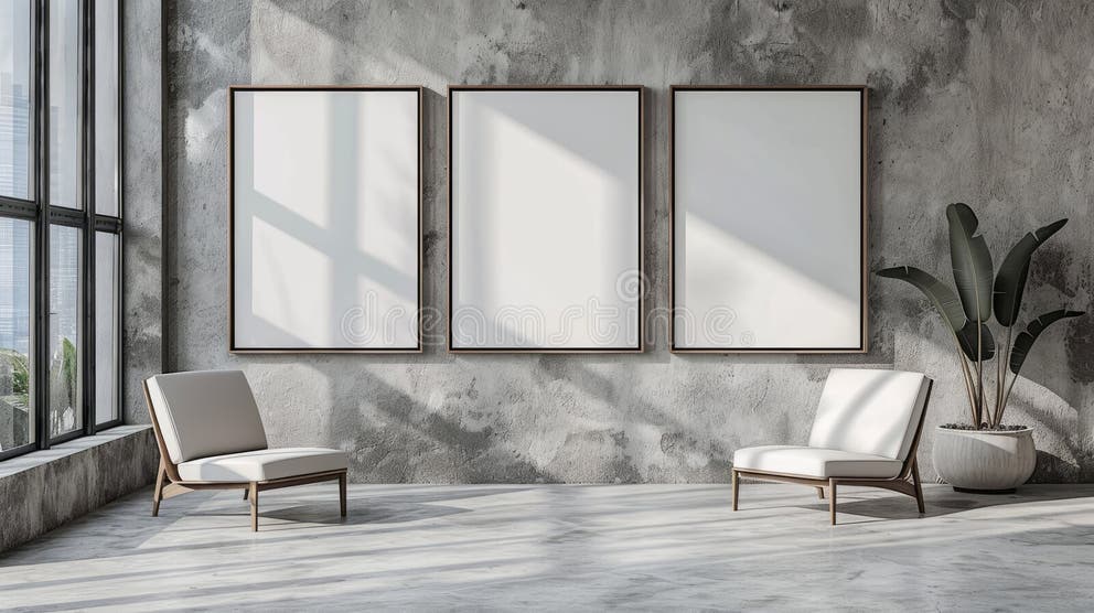 Three Frame Poster Mockup on Minimalist Grey Wall in Brightly Lit ...