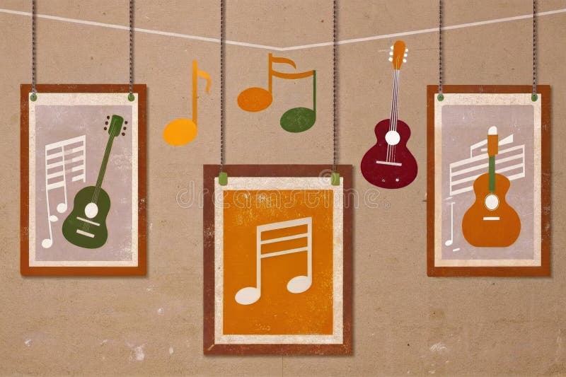 Three Framed Posters of Musical Instruments and Notes Hanging on a Red ...