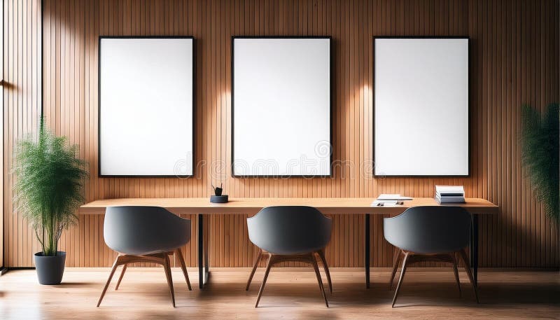 Three Framed Posters on a Wooden Wall in a Modern Office Interior ...