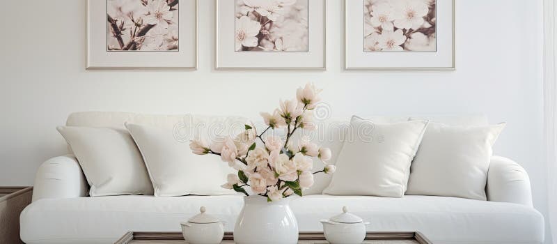 Three Frames Above White Sofa Stock Photo - Image of white, living ...