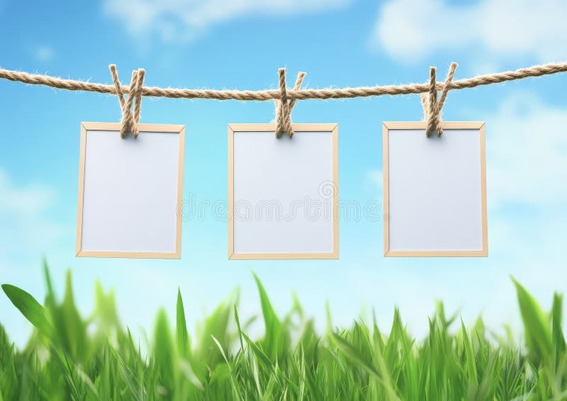 Three Frames are Beautifully Hanging on a Clothes Line in the Grass ...