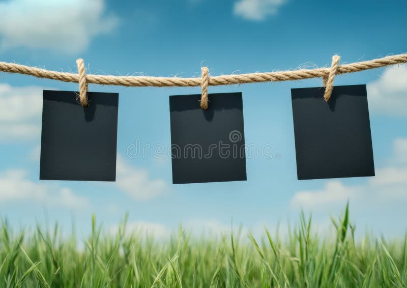 Three Frames are Beautifully Hanging on a Clothes Line in the Grass ...