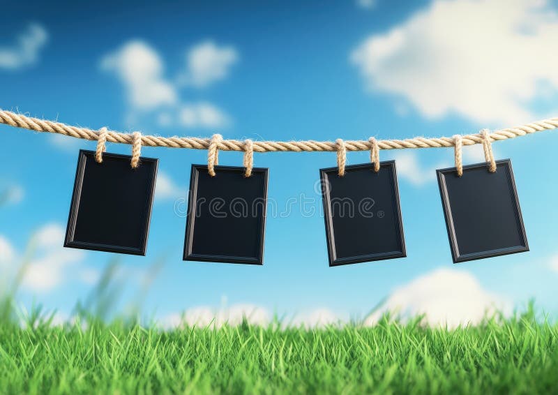 Three Frames are Beautifully Hanging on a Clothes Line in the Grass ...