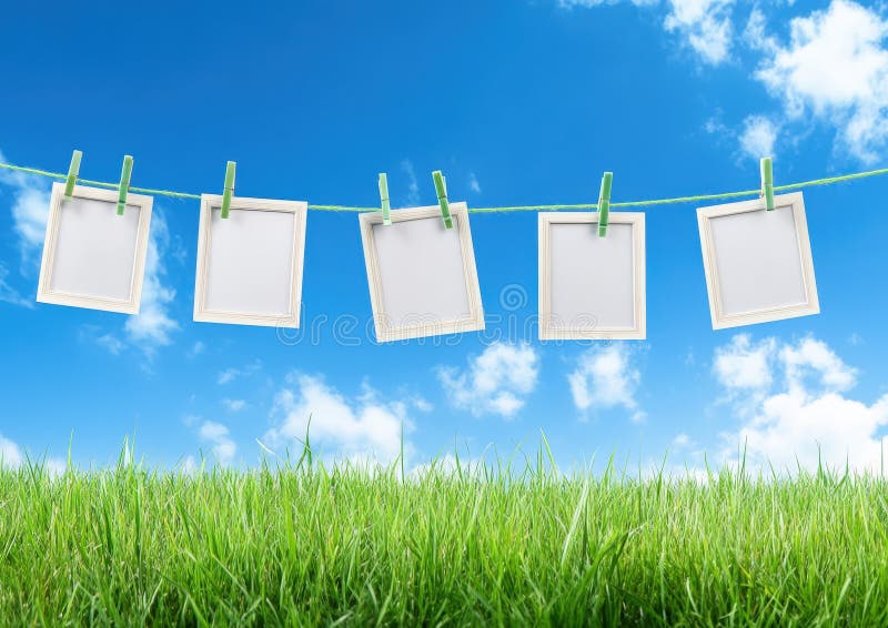 Three Frames are Beautifully Hanging on a Clothes Line in the Grass ...