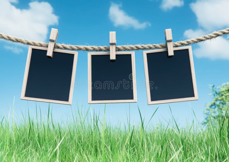 Three Frames are Beautifully Hanging on a Clothes Line in the Grass ...