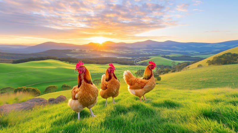 Three Free-Range Chickens in Scenic Sunrise Landscape with Rolling ...