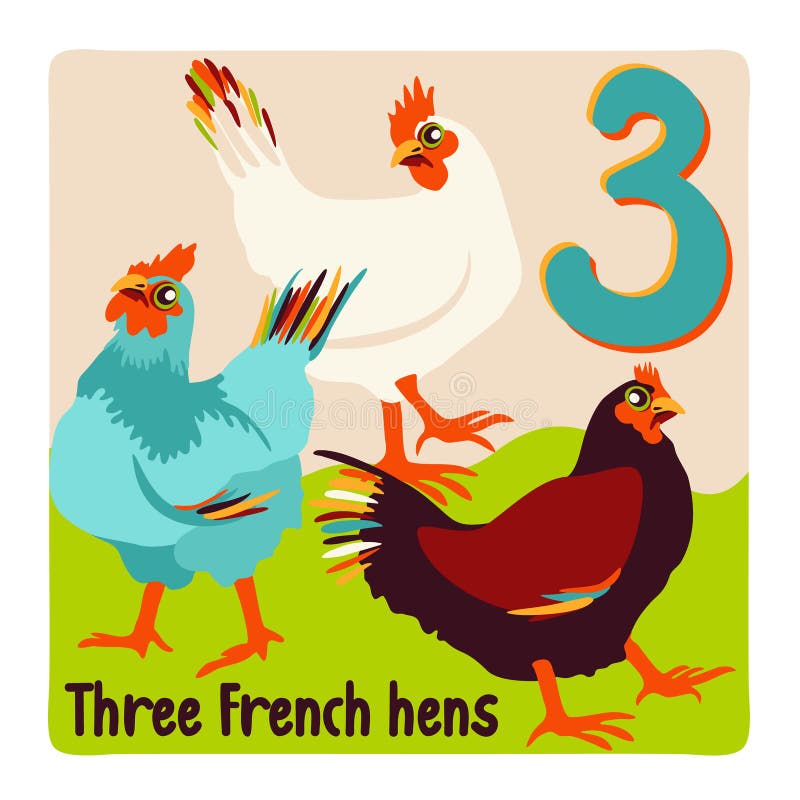 Three French Hens. Twelve Days of Christmas Stock Vector - Illustration ...