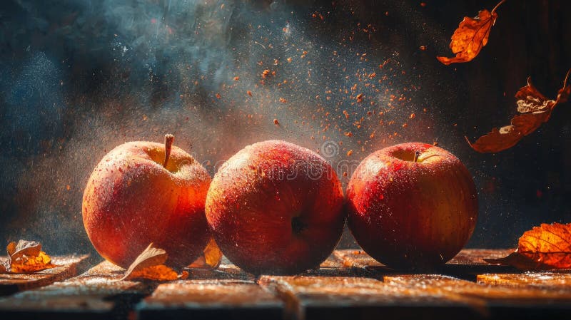Three Fresh Apples with Autumn Leaves in Misty Dramatic Lighting Stock ...