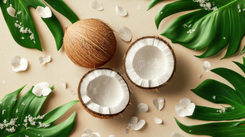 Three Fresh Coconuts are Encircled by Lush Green Tropical Leaves Stock ...