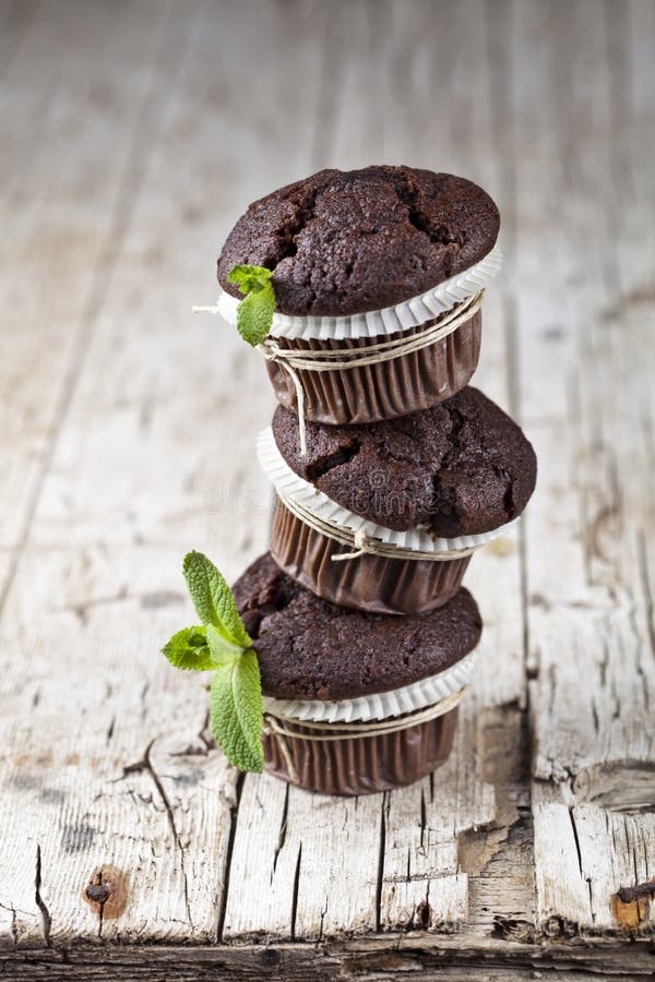 Three Fresh Dark Chocolate Muffins with Mint Leaves Stock Image - Image ...