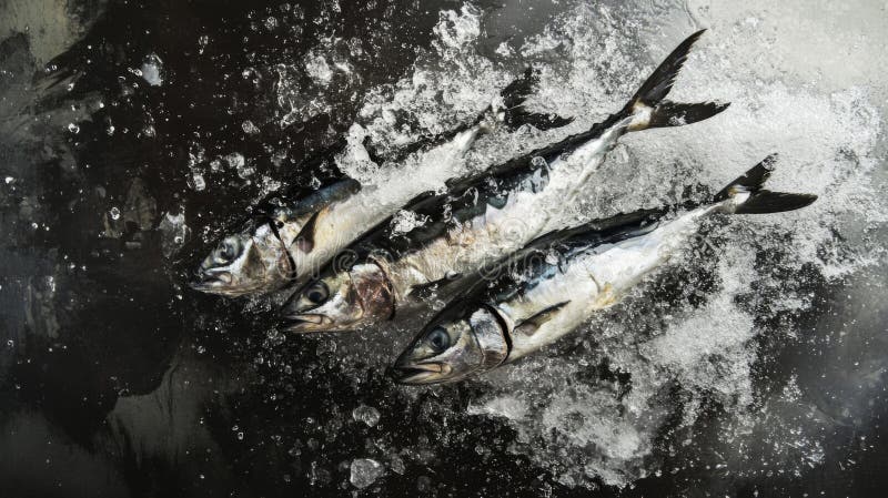 Three Fresh Fish on Ice with Dark Background Stock Illustration ...