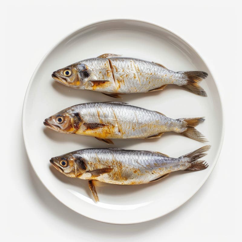 Three Fresh Fish on White Plate. Top View Stock Illustration ...