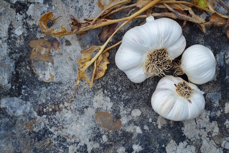 Three Fresh Garlic Bulbs on Rustic Stone Surface Stock Image - Image of ...