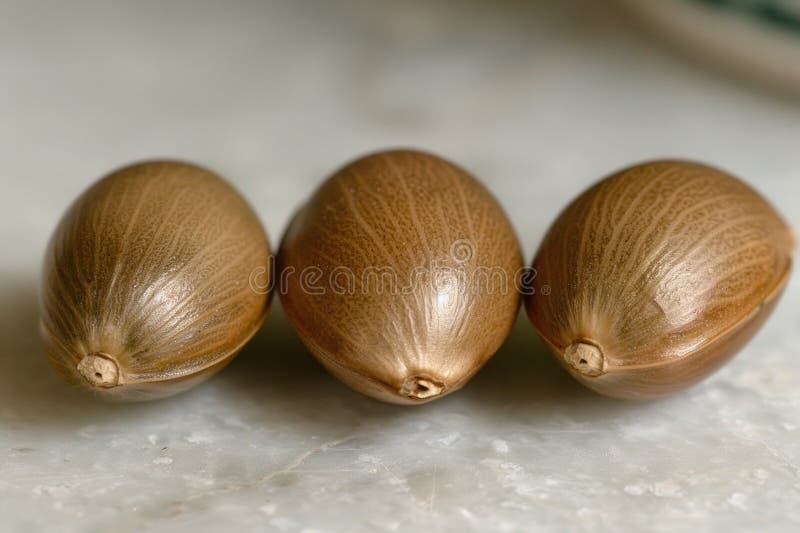 Three Fresh Nutmeg Seeds on Marble Surface Stock Photo - Image of food ...