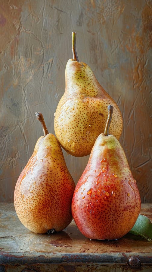 Three Fresh Pears Arranged in a Pyramid Shape on a Rustic Table ...
