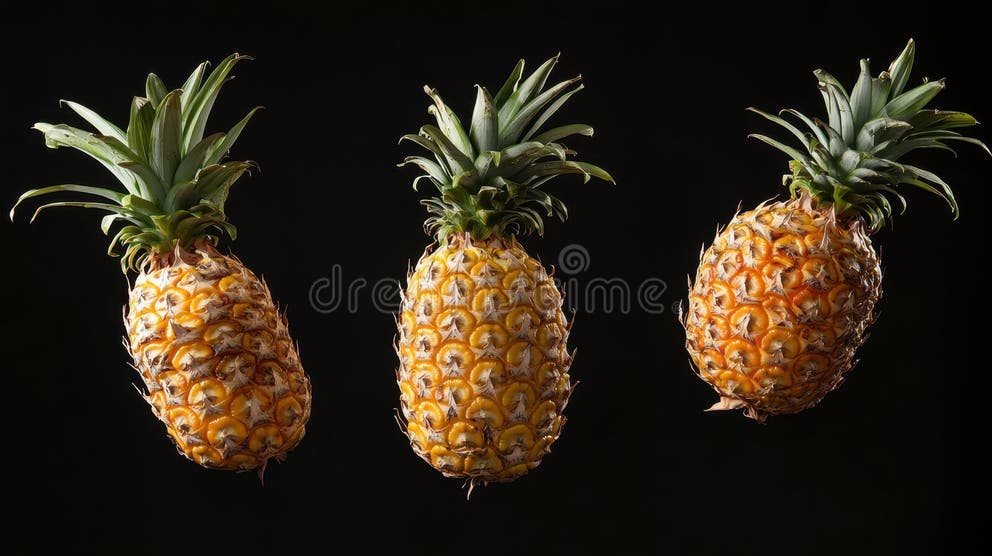 Three Fresh Pineapples Suspended Against Black Background Stock Photo ...
